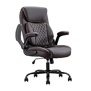 DYHOME Ergonomic Home Office Desk Chair Brown Leather Tracking Back Lumbar Support with Flip-up Adjustable Arms High Back Executive Office Chair Modern Managerial Big and Tall Home Office Chair
