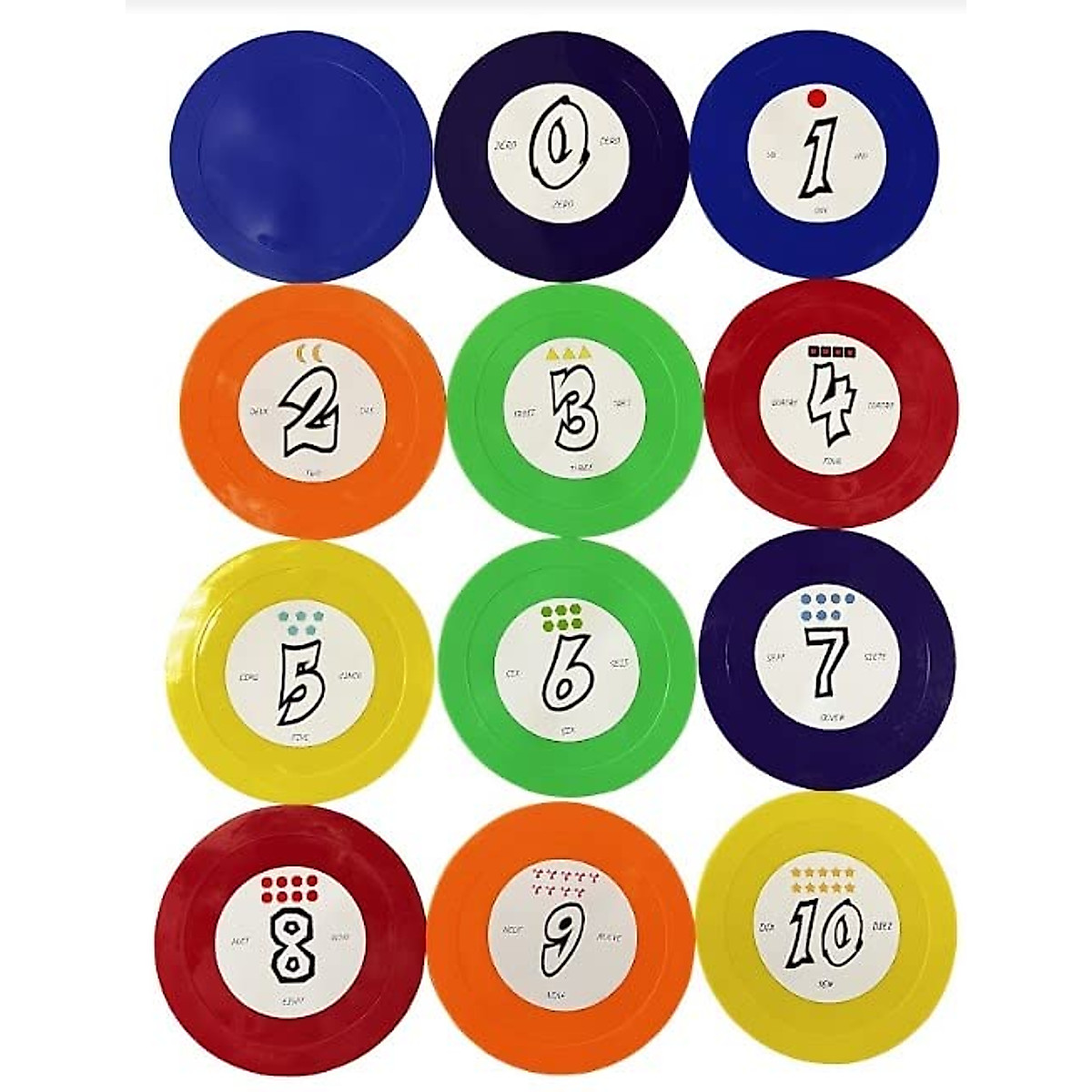 Set of 12 9-Inch Poly Vinyl Spot Markers Numbers 0-10 with 1 Blank in Spanish, French, English with Montessori Shapes for Classroom, Gym, Sports Teams, Preschool, Kindergarten, Elementary School
