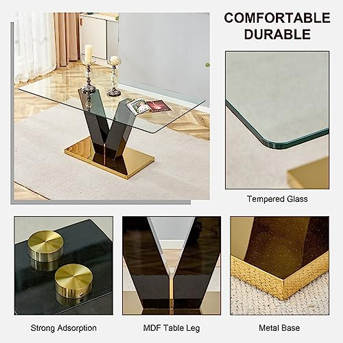 Modern Glass Dining Table for 8, Rectangle Glass Dining Room Table with Large Tempered Glass Tabletop & V Shaped Wood Frame, Golden Pedestal Base, 70.87" Glass Top Dining Table for Dining Room Kitchen