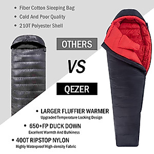 QEZER 0 Degree Sleeping Bag for Adults 660 Fill Power Down Sleeping Bag for Cold Weather -8°F / 0°F Large Lightweight Sleeping Bag