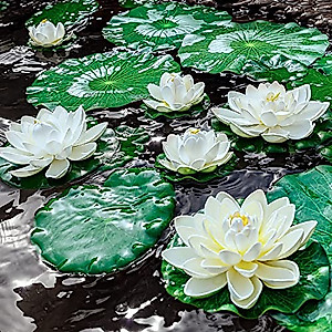 16Pcs Artificial Floating Pool Flowers, Ivory White Plastic Lotus Flower with Water Lily Pads, Pond Pool Lotus Ornaments for Patio Garden Aquarium Home Party Wedding Decor