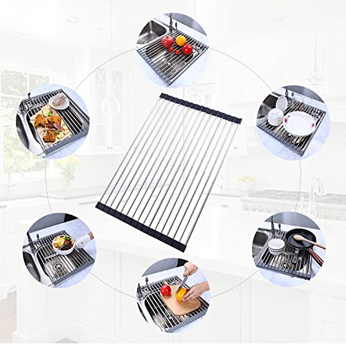 Expandable Roll up Dish Drying Rack for Kitchen from 11” to 20”, Foldable Over-The-Sink Dish Drying Rack Space-Saving, Multipurpose Rolling Rack for Sink with Large Capacity, 13''x(11''~20''), Gray