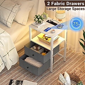 Cyclysio Nightstands Set of 2 with Charging Station, Night Stand with LED Lights, 25.6'' End Table Bedside Tables with 2 Drawers, 3 Tier Tall Night Stand with Storage for Bedroom Living Room, White