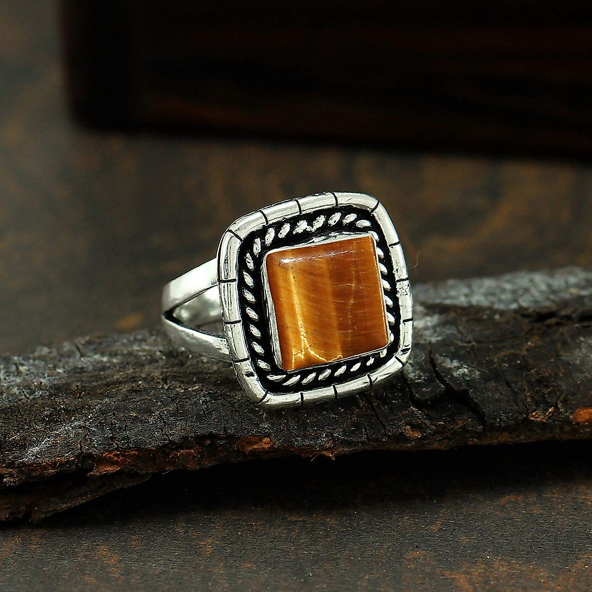 Tiger Eye Ring Sterling Silver Plated for Women Size 10, Handmade Brown Black Stone June Birthstone Bohemian Victorian Jewelry Gifts For Her