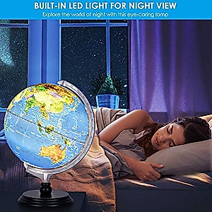 World Globe,Raised Relief Topographical Globe,Built-In LED Light for Night View for Learning Education Teaching Demo Home Office Desk Decoration