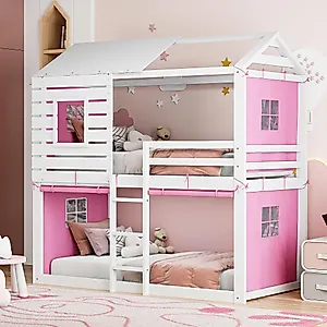 Merax Twin Over Twin Bunk Bed with Tent, Wood Twin Size House Bed Frame, Pink+White