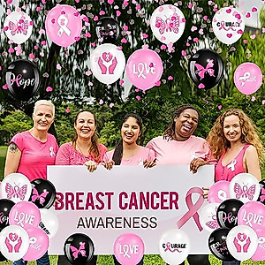 Tiamon 45 Pcs Breast Cancer Awareness Balloons Breast Cancer Party Supplies Pink White Black Balloons Pink Ribbons Latex Balloons for Pink Ribbon Charity Event Survivor Campaign Party Decorations