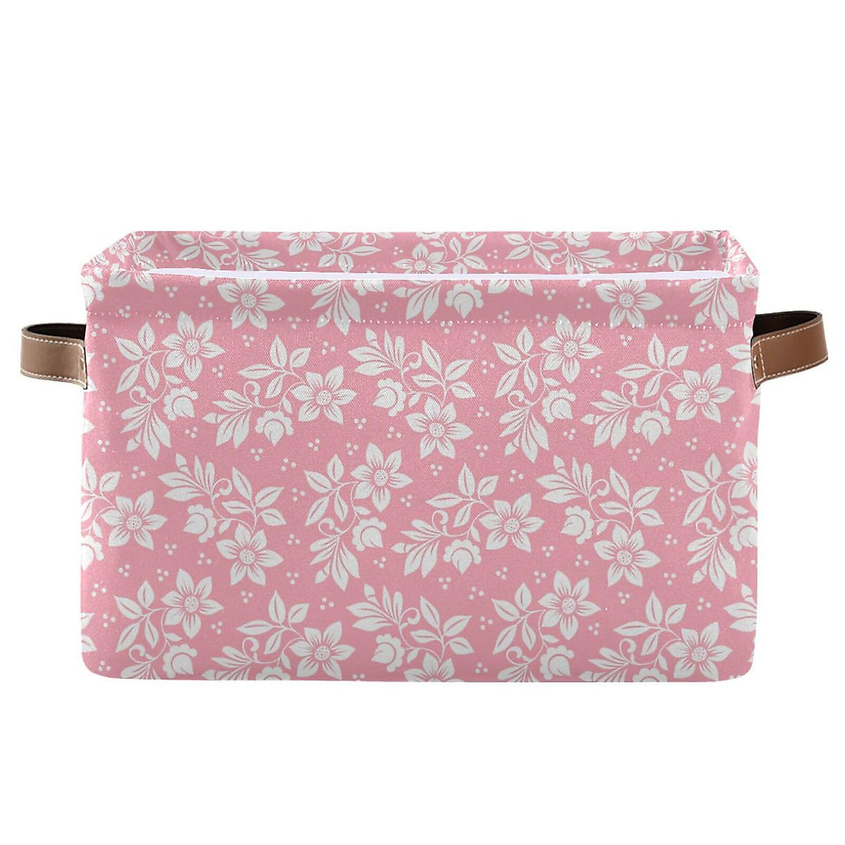 NFMILI Floral Pink and White Storage Basket, Fabric Storage Cubes Bins, Open Home Storage Bins with Handles, Foldable Cubes Closet Organizer Boxes 14.2 x 10.2 x 8.3 in (Large - 2 Pack)