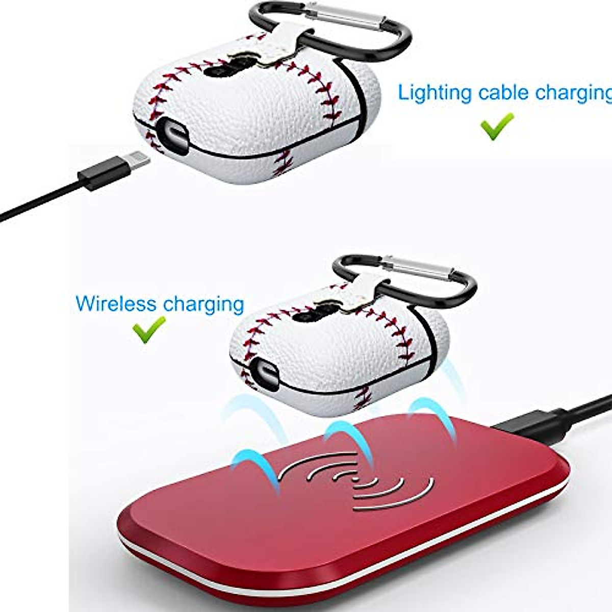 Tekcoo AirPods Case, [Front LED Visible] AirPods Accessories Cover Compatible with Apple Airpods 1 & AirPods 2 Protective PC Plastic Inner + PU Vegan Leather Pattern Skin & Keychain [Baseball]