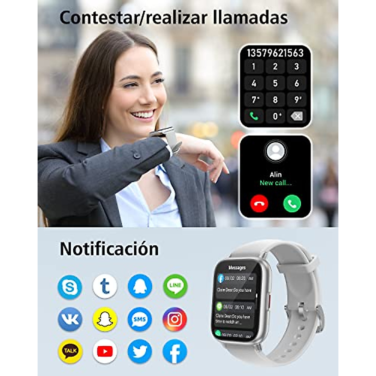 RUIMEN Smart Watch Answer/Make Calls Fitness Watch with Spare Strap Reloj Inteligente 1.7”Full Touch Smartwatchs for Women Men Heart Rate/Sleep Monitor Watch 100+ Sports IP68 Waterproof(Gray)