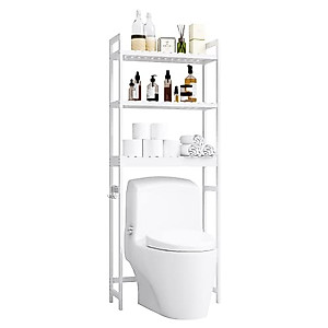Bamboo Over-The-Toilet Storage Rack, 3-Tier Bathroom Organizer Over Toilet with 6 Hooks, Bathroom Freestanding Shelf for Home, Kitchen, 24.4” L X 10.24” W X 64.17” H, White