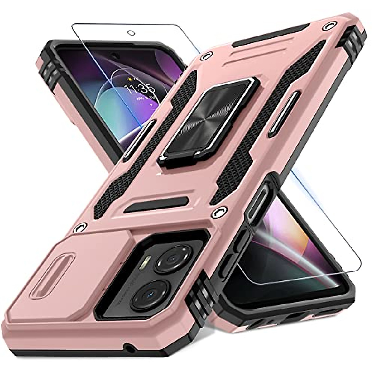 DEERLAMN Case Compatible with Moto G 5G 2023 with Slide Camera Cover+Screen Protector(1 Pack),Rotated Ring Kickstand Military Grade Shockproof Protective Cover-Rose Gold