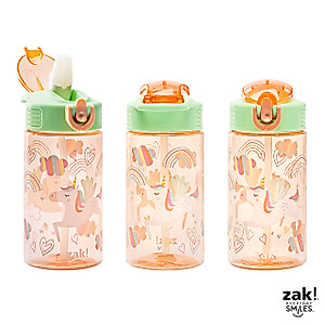 Zak Designs Kids Water Bottle For School or Travel, 16oz Durable Plastic Water Bottle With Straw, Handle, and Leak-Proof, Pop-Up Spout Cover (Unicorn)