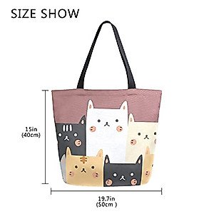 ALAZA Cut Cat Kitten Print Kawaii Large Canvas Tote Bag Shopping Shoulder Handbag with Small Zippered Pocket