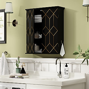 AZODY Bathroom Cabinet with Gold Trim, Wall-mounted Bathroom Storage Cabinet with Adjustable Shelves and Side hooks, Space Saver Medicine Cabinet for Livingroom, Laundry, Classical Black