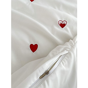 QWINEE 3Pcs Heart Embroidered Duvet Covers Sets Soft 3 Pieces Farmhouse Bedding Set with 1 Comforter Cover and 2 Pillowcases for All Season Rustic Lightweight White A Full