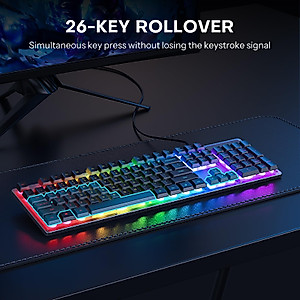 OMOTON Wired Gaming Keyboard, Full Size Keyboard, 26 Anti Ghosting Keys, LED Backlit, 12 Multimedia Keys, Silent Membrane Gaming Keyboard for PC, Desktop, Computer, Black