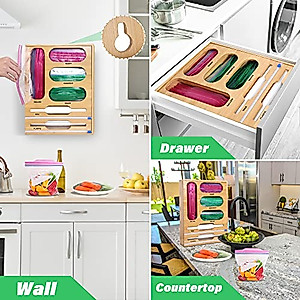 Ziplock Bag Organizer, 6 in 1 Bamboo Food Storage Bag for Kitchen Drawer or Wall Mount, Cling Film Dispenser with Slide Cutter, Multipurpose Bag Holder Box Suitable for Wax Variety Size Bags
