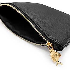 Faux Leather Pencil Case - Leather Look Makeup Bag - Black with Gold Zip - Large