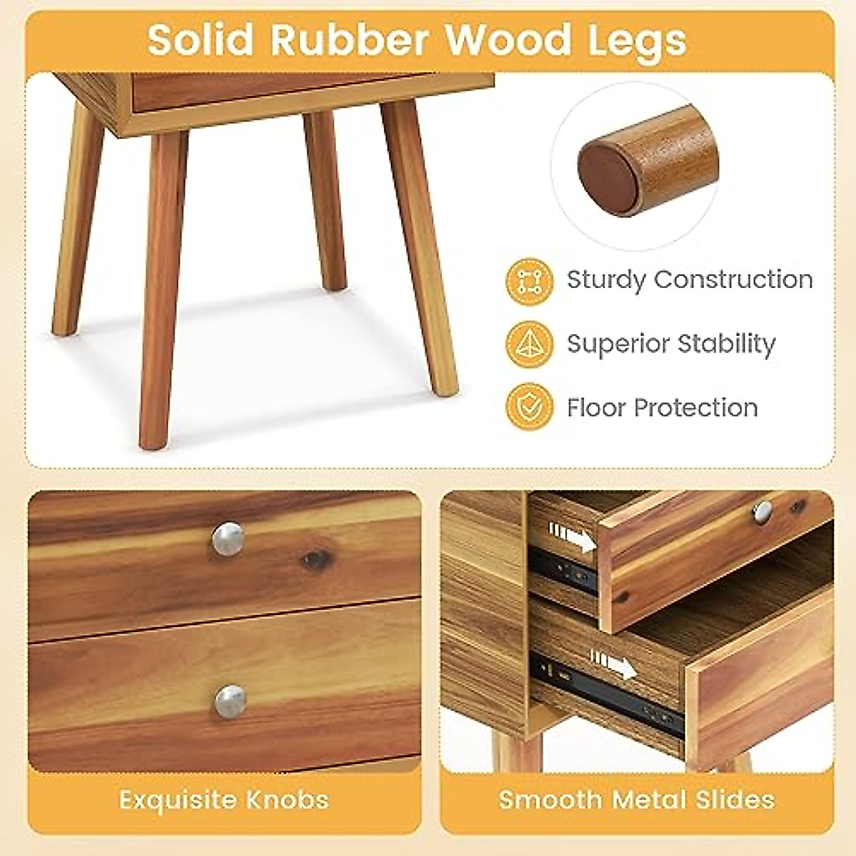 Giantex Nightstand with 2 Drawers Set of 2, Mid Century Modern Bedside Table with Solid Wood Legs, Practical End Side Table for Living Room Bedroom Small Space, Night Stand, Walnut