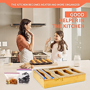 Foil and Plastic Wrap Organizer with Ziplock Bag Organizer - Evdekoru 6 in 1 Bamboo Aluminum Foil Dispenser with Cutter for Kitchen Drawer, Plastic Food Bag Organizer for Gallon,Quart,Sandwich