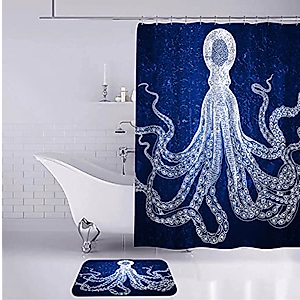 DuoBaorom 4 Pieces Set Octopus Shower Curtain Set Blue and White Sea Animal Picture Print on Non-Slip Rugs Toilet Lid Cover Bath Mat and Bathroom Curtain with 12 Hooks 72x72inch