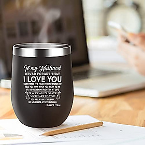 HAINANBOY Gift for Husband Wine Tumbler Anniversary Birthday Gift for Him, with Lid Stemless Double Wall Stainless Steel 12 oz Wine Glasses - Black Tumbler Present for Husband from Wife