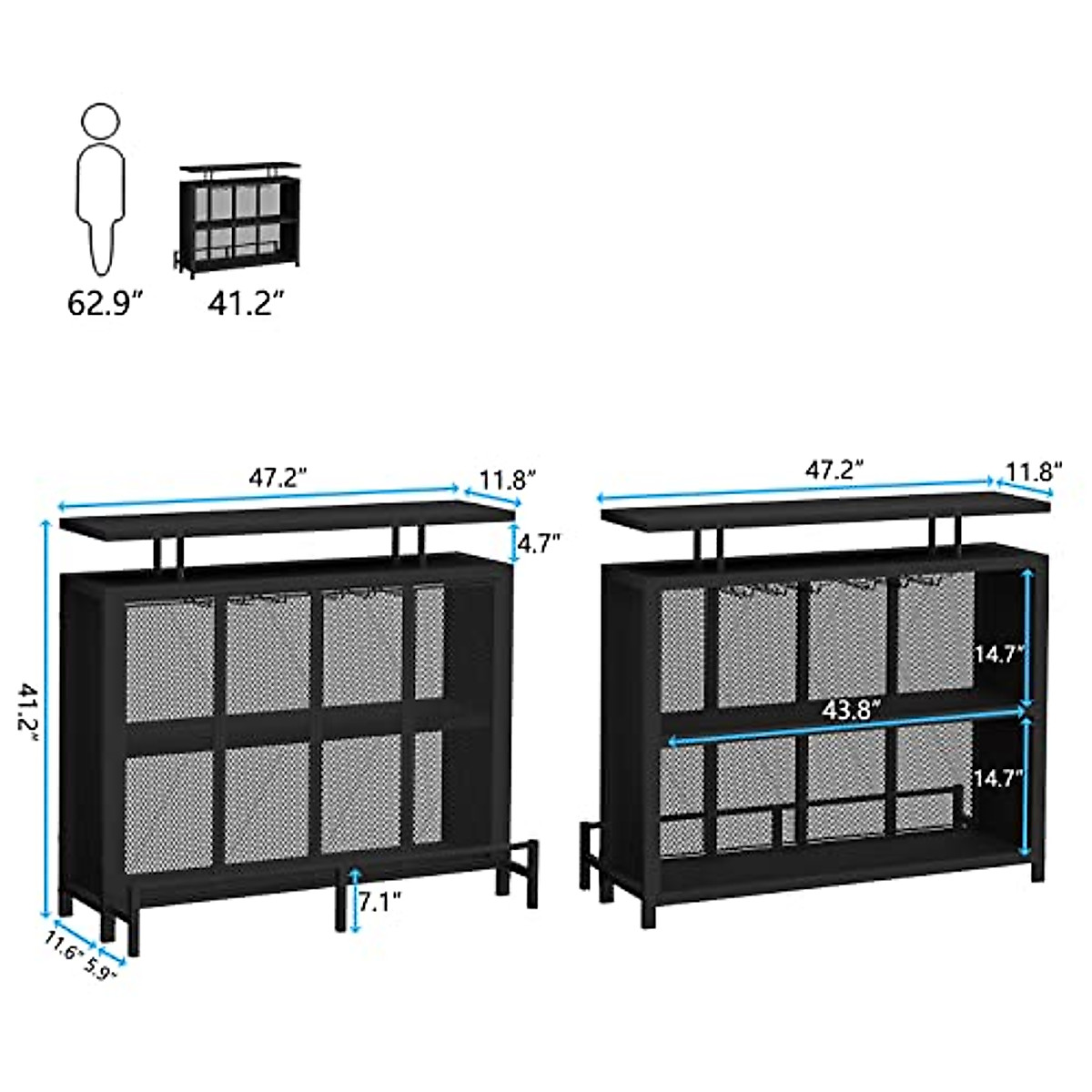 PAKASEPT Home Bar Unit, 3-Tier Liquor Bar Table with Wine Glasses Holder and Storage Shelves and Footrest, Wine Bar Cabinet for Home Kitchen Black