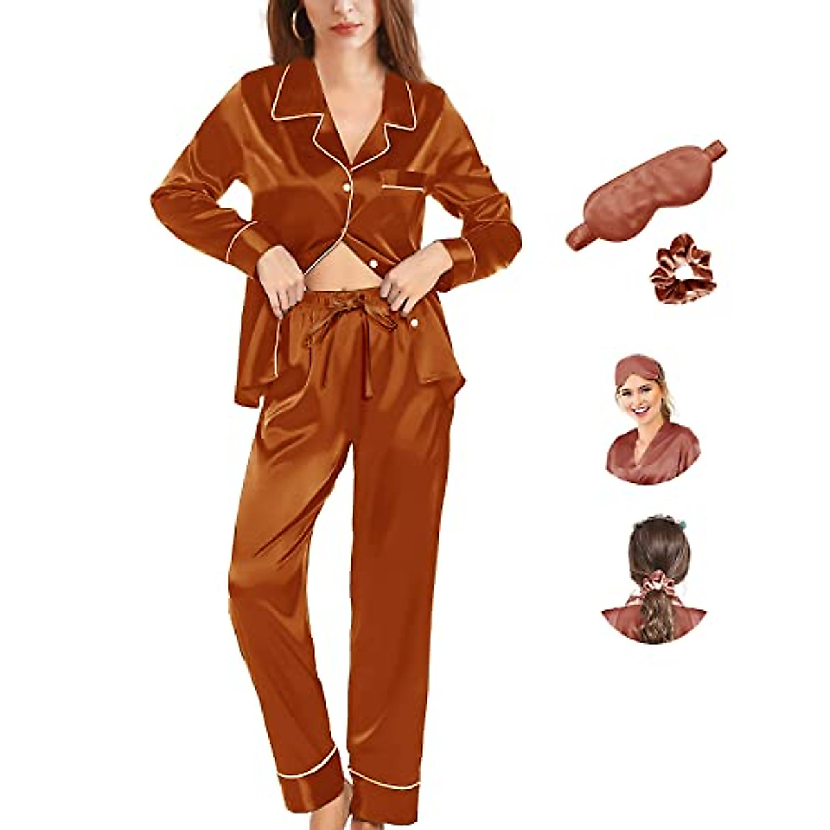 WJing Yi Jia Womens Pajama Set Silk Satin Pajamas Long 2pc Pjs Button Down Sleepwear Pj Set Loungewear