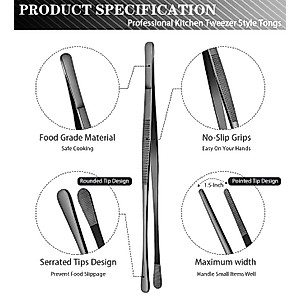 JETKONG 2 Pcs 12-Inch Kitchen Tweezers Tongs with Precision Serrated Tips, Stainless Steel Chef Tweezer Professional Cooking Tweezers for BBQ, Plating and Serving (12-Inch, Black)