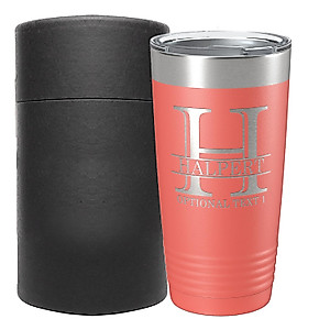 Personalized 20oz (17 Colors) Powder Coated Insulated Stainless Steel Tumbler with Lid, Custom Etched, Customized Engraved Gift Idea for Women Men Her Him, Halpert Monogram Initial Name (Coral)