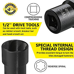 TOPEC Bolt Extractor Set, 10 Piece Lug Nut Remover Socket Tool, 1/2" Drive Impact Wheel Lock Removal Kit for Removing Damaged, Dead, Rusted, Rounded-Off Bolts, Lug Nuts & Screws