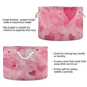ALAZA Large Storage Basket for Toys Valentine's Day Red Heart Round Blanket Basket Laundry Hamper Canvas Organizer Bin Box Cotton Rope Collapsible Bucket Pillow Home Decor