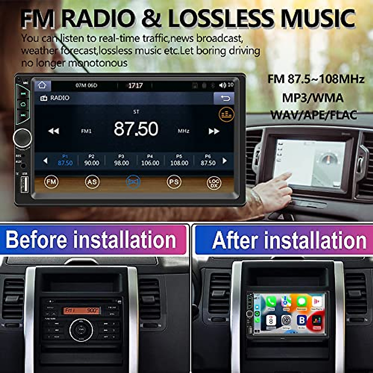 Double Din Car Stereo with Wireless Apple Carplay,Wireless Android Auto,7 inch HD Touch Screen Car Radio with Bluetooth, Car Audio Receiver with Backup Camera,Mirror Link,FM/USB/AUX/TF/Subwoofer