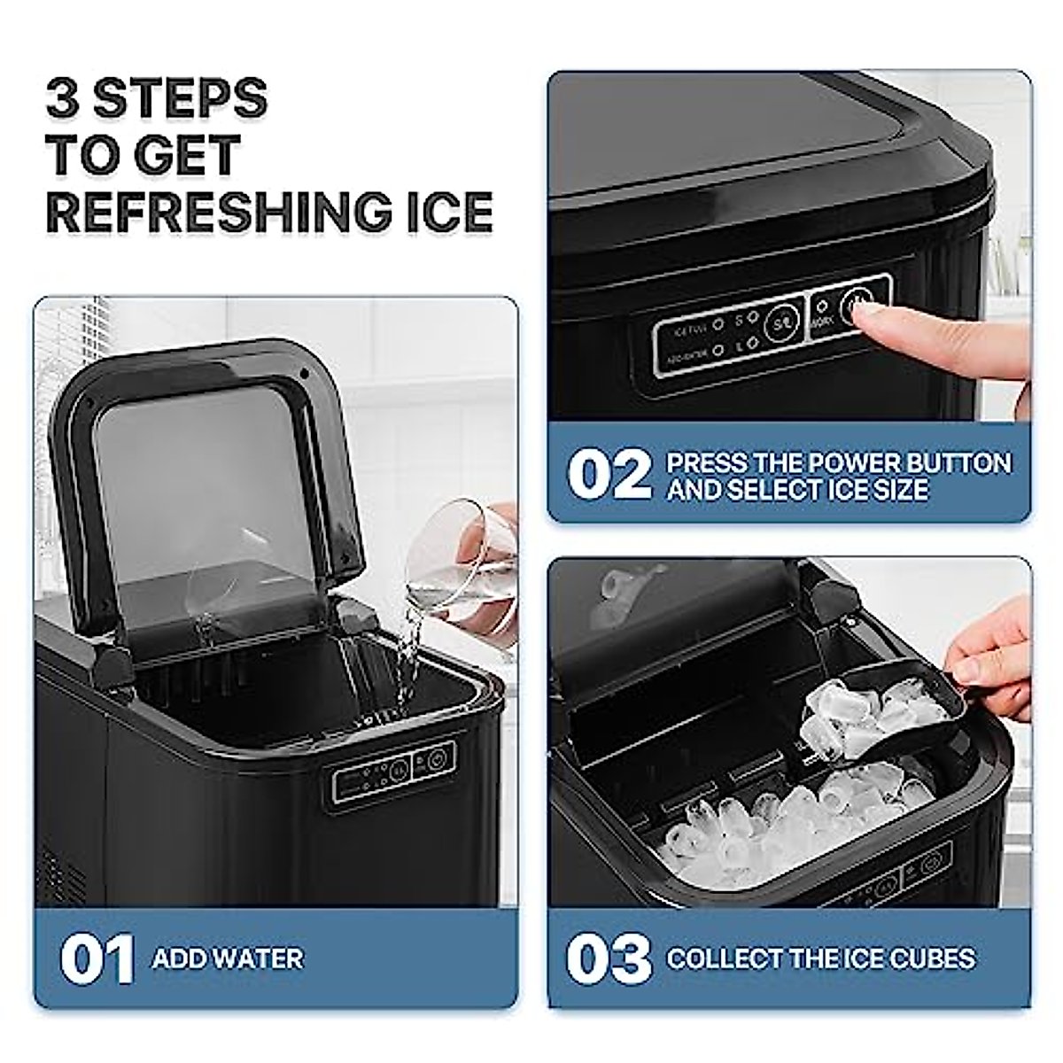 mollie Ice Maker Countertop 9 Ice Cubes Ready in 10 Mins - 26LBS/24Hrs, Self-Cleaning Ice Machine, One-Click Operation Portable Ice Cube Maker w/Ice Scoop for Home Party RV, 2.2L Water Tank, Black