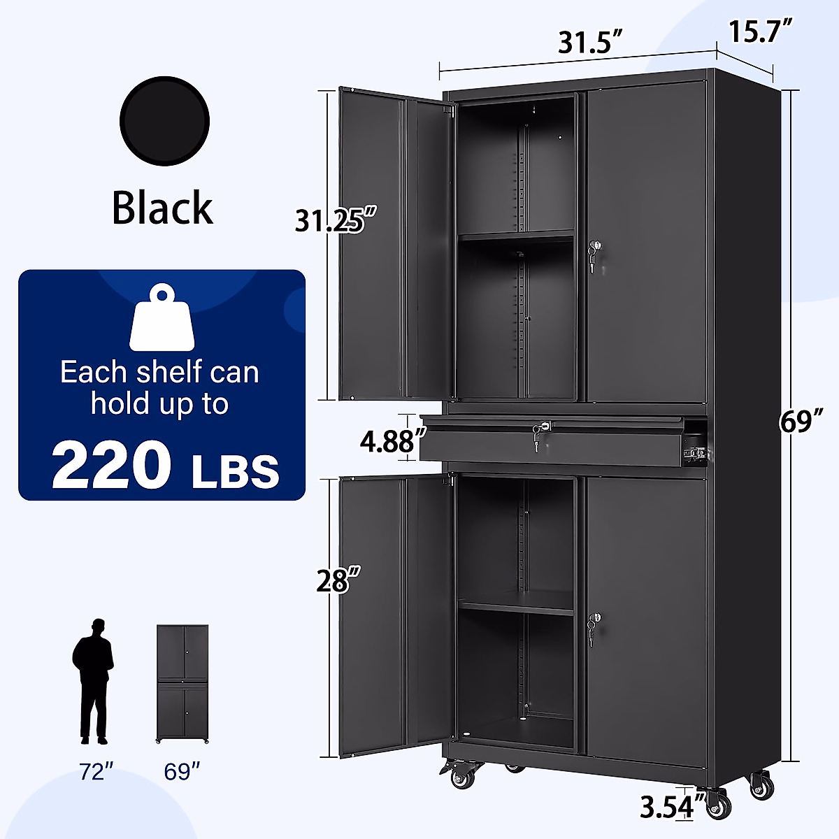 Yizosh Metal Garage Storage Cabinet with Locking Doors and Adjustable Shelves, Rolling Tool Storage Cabinet with 4 Wheels and 1 Drawer - 73" Steel Locking Cabinet for Garage, Warehouse (Black)