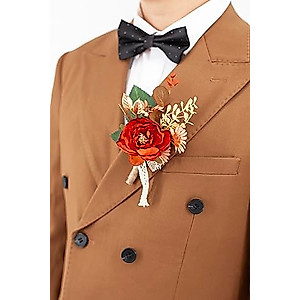 Ansofi Burnt Orange Wrist Corsage and Boutonniere Set for Wedding, Artificial Rose Flower Corsage Wristlet and Boutonniere Set for Wedding Prom Anniversary Homecoming Formal Dinner Party