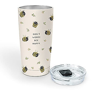 Studio Oh! Insulated Stainless-Steel Tumbler Don't Worry. Bee Happy.- 17-Ounce - Double-Walled with Vacuum Seal Keeps Liquids Cold for Hours - Fits Standard Size Cup Holders