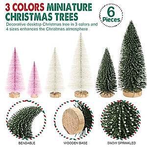 6pcs Mini Christmas Trees Christmas Decor, Artificial Christmas Mini Bottle Brush Trees Tabletop, Christmas Decoration Trees with 4 Size Xmas Holiday Decor (6pcs Green+Pink+Beige)