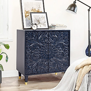 weselon Accent Cabinet with 2 Doors, Luxury Carving Board Storage Sideboard with Adjustable Shelves, Buffet Cabinet Entryway Table for Living Room (Gray Blue)