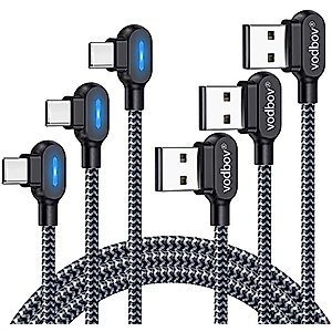Vodbov USB C Fast Charger 90° Cable Led 3 Pack 4 feet 6 feet 10 feet Type C Braiding USB-C to USB-A for Right Angle Elbow MacBook Black Cords