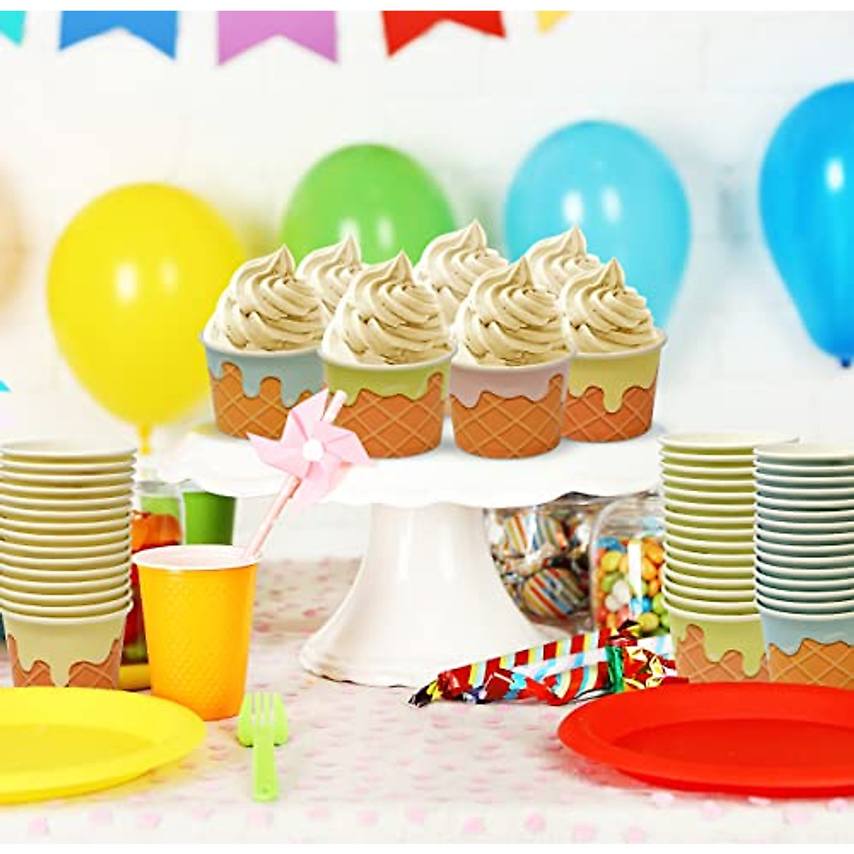 Gift Boutique 60 Ice Cream Cone Treat Snack Cups 10 Oz. Disposable Paper Cup Dessert Ice Cream Bowls Pink Blue Yellow Green Frozen Treats Cupcakes Birthday Party Favor Supplies Decorations