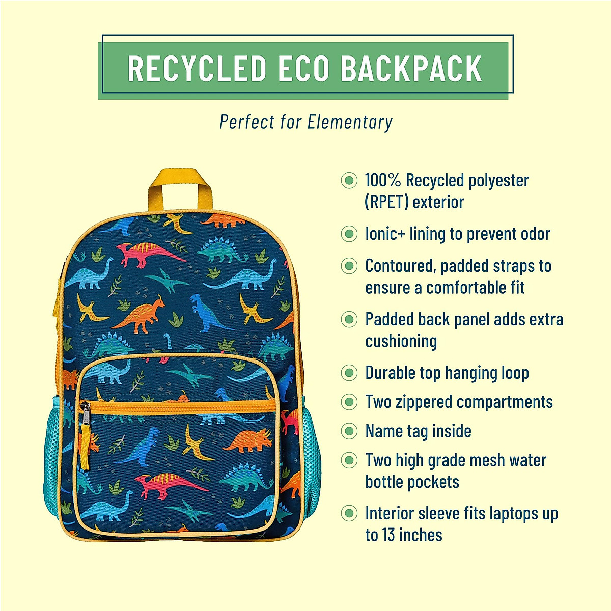 Wildkin Kids Eco Backpack for Boys & Girls, Perfect for Elementary Recycled Backpack, Features Padded Back & Adjustable Strap, Ideal for School & Travel Backpacks for Kids (Jurassic Dinosaurs)