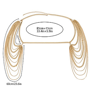 Punk Shoulder Chain Tassel Layered Upper Arm Chain Metal Multi Layer Tassel Shoulder Chain Bikini Fringe Backdrop Necklace for Women (Gold)