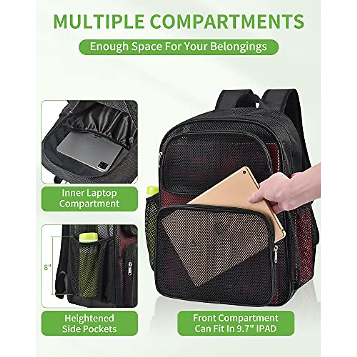 MAY TREE Mesh Backpack for School with Inner Laptop Compartment, Heavy Duty Mesh Backpacks for Adults Girls Boys Kids with Padded Shoulder Straps, Large Mesh Backpack for Travel Beach Hiking - Black