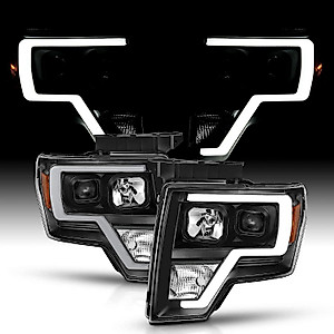 AmeriLite Square Projector Halogen Headlights Pair LED Bar Set For 2009-2014 Ford F150 High/Low Beam Bulb Included - Driver and Passenger Side, Vehicle Light Assembly, Black