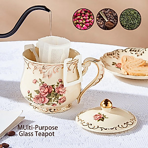 YOLIFE Tea Cup with Lid, 12 oz Tea Cup with lid and Spoon, Ceramic Flower Tea Cups Birthday Gift for Mom Women (Pink Rose)