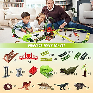 𝐓𝐎𝐘 𝐃𝐄𝐀𝐋𝐒 𝐈𝐍 𝐎𝐔𝐓𝐋𝐄𝐓 Dinosaur Race Track Train Toys, Flexible Dinosaur Train with LED Roaring Lights, Dino Toys & Dino Eggs, 3 Year Old Boy Birthday Gift
