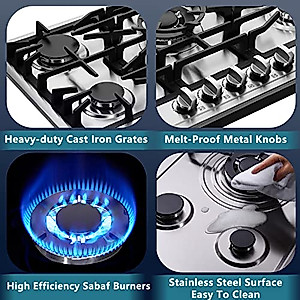 30 Inch Gas Cooktop, Built-in Stainless Steel 5 Burners Gas Stovetop LPG/NG Convertible Gas Stove Top Dual Fuel Gas Hob DM527-SC02