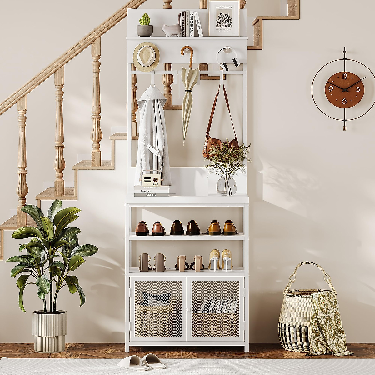 IDEALHOUSE Hall Tree with Doors White 72.8in Coat Rack Shoe Storage Narrow Coat Tree Shoe Shelf Organizer with 7 Hooks for Entryway Bedroom and Mudroom